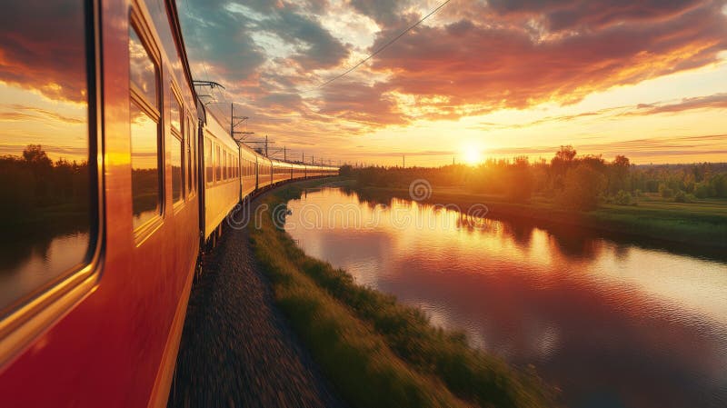 Train Traveling Along a Tranquil Lake at Dawn with the Sun S Reflection ...
