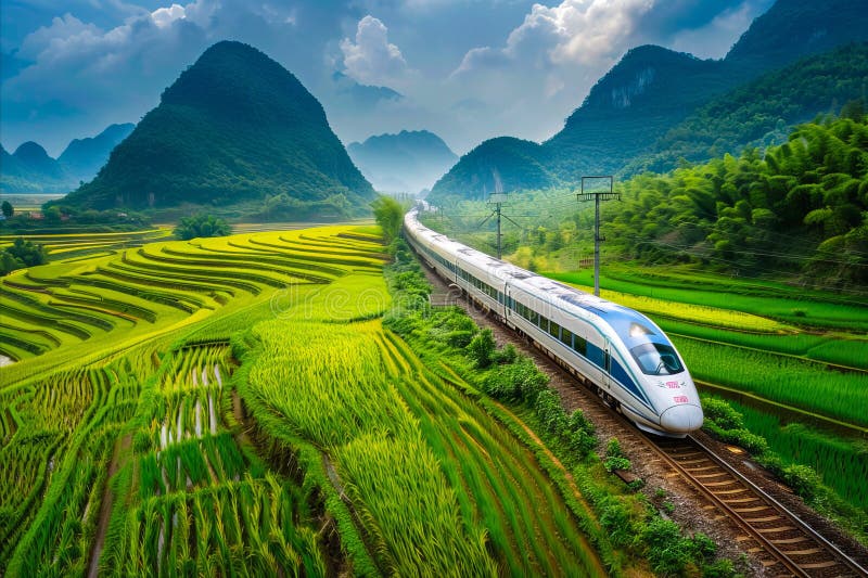 A Train Traveling through the Countryside with Rice Fields Stock Image ...