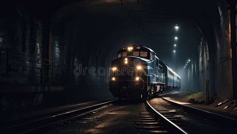 A Train Traveling in a Dark Tunnel Stock Illustration - Illustration of ...