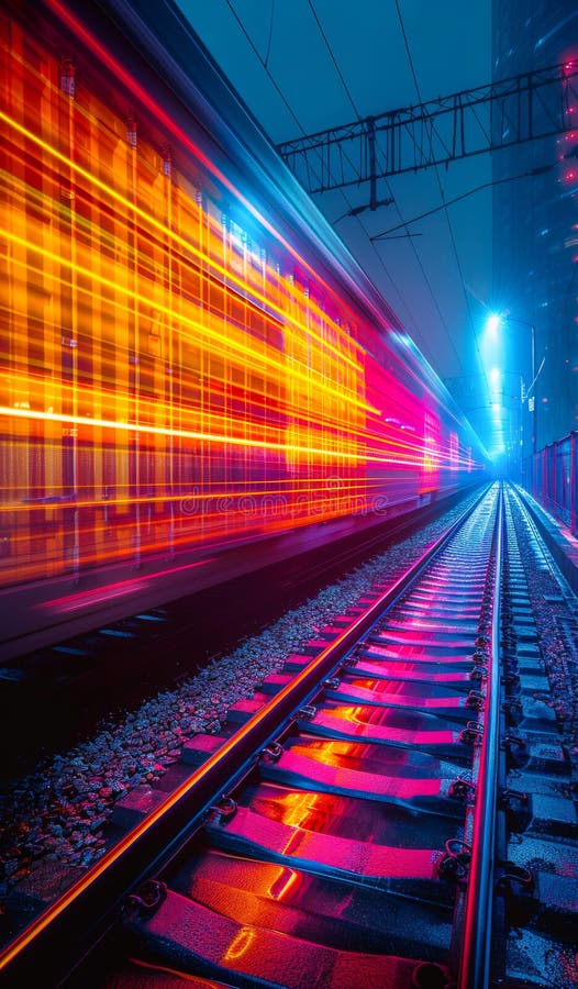 A Train is Traveling Down a Track with a Bright Orange and Red ...