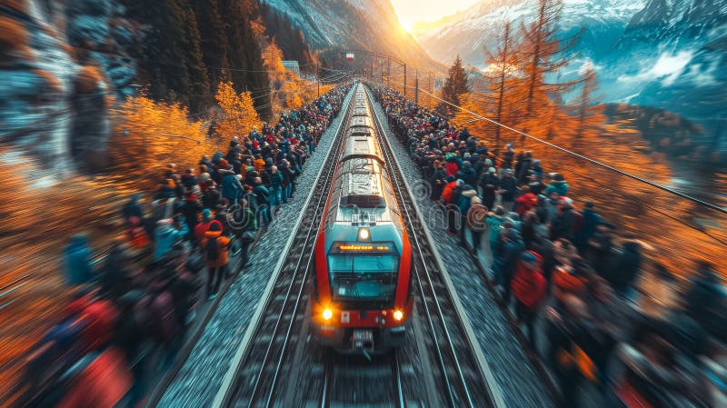 A Train is Traveling Down a Track with a Large Crowd of People on the ...