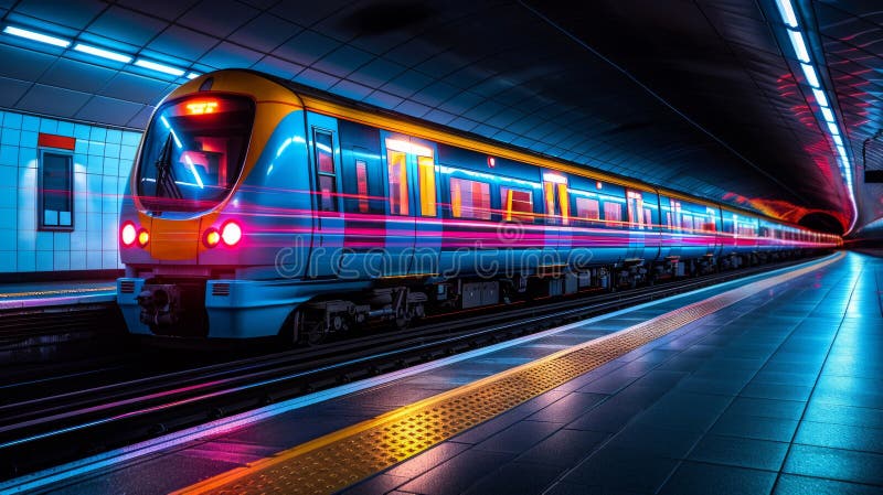 A Train Traveling Down a Track with Lights and Neon, AI Stock Image ...