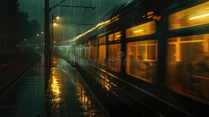 A Train is Traveling Down a Track in the Rain Stock Image - Image of ...