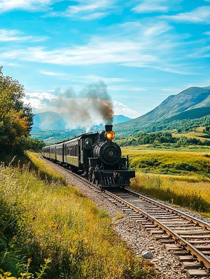 A Train Traveling Down Train Tracks Next To a Lush Green Field Stock ...