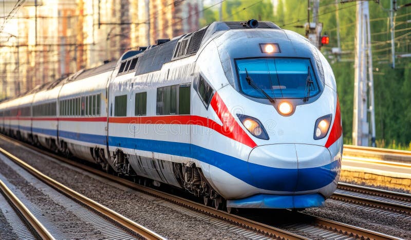 A Train is Traveling Down the Tracks with a Red Stripe on the Side ...