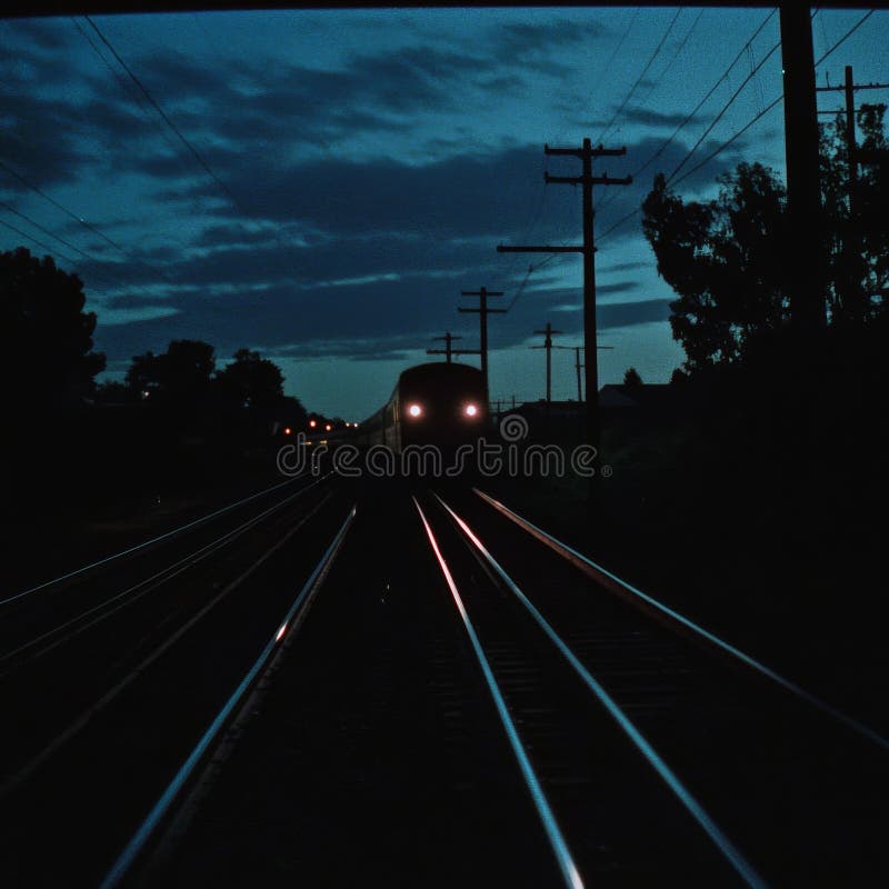 A Train is Traveling Down the Train Tracks in the Dark of Night Stock ...