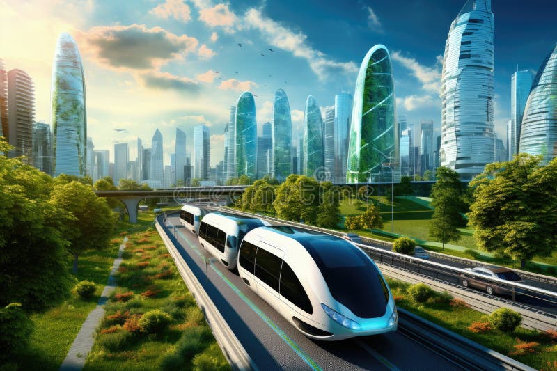 Train Traveling through Lush Green City, the Future of Mobility ...