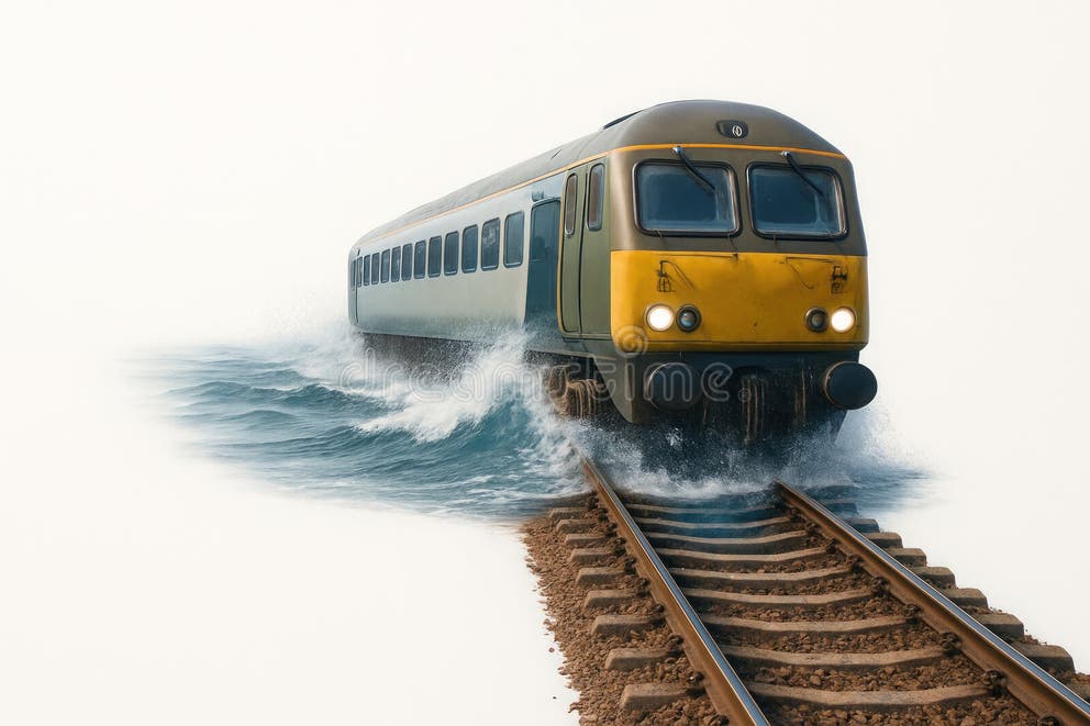 A Train Traveling on Rails that Go into the Ocean. Stock Image - Image ...