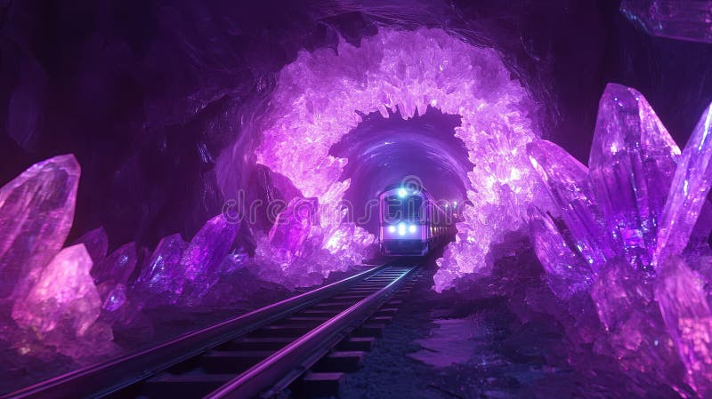 A Train Traveling through a Tunnel of Glowing Purple Crystals Digital ...