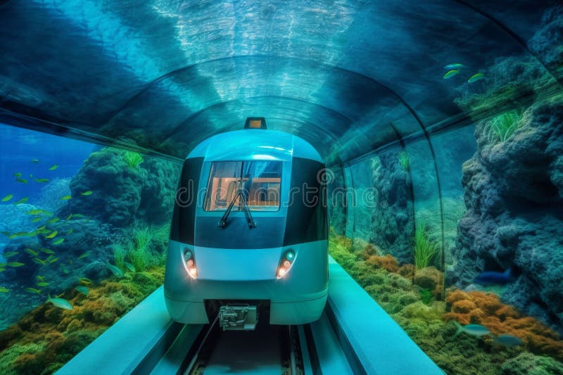 Train Traveling through an Underwater Tunnel Surrounded by a Vast ...
