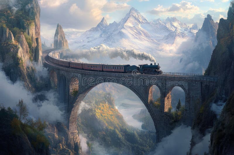 The Train Travels Across a Beautiful Bridge between Mountains Stock ...
