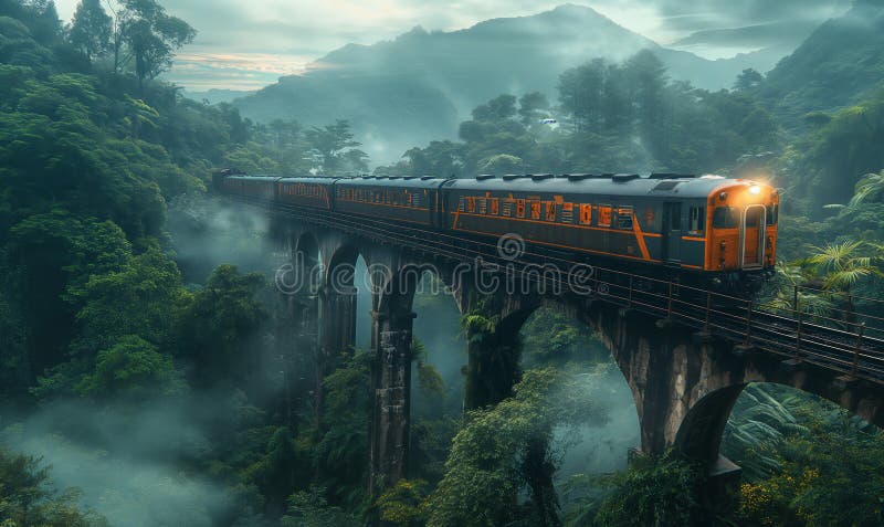 A Train Travels Across a Bridge in a Lush Forest. Stock Image - Image ...