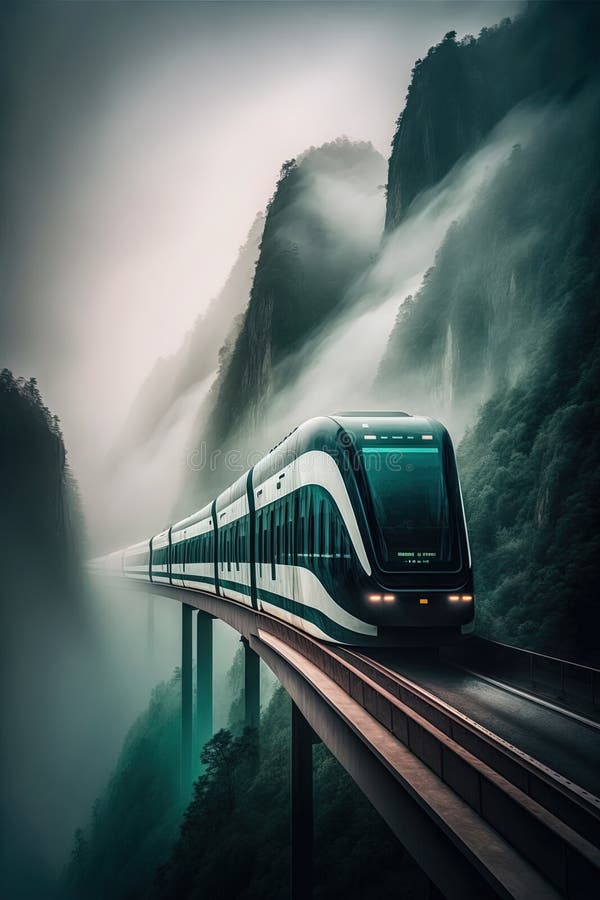 The Train Travels Along the Railway Bridge Along the Misty Mountains ...