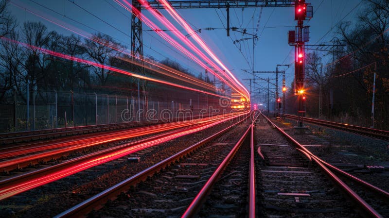 A Train Travels Along the Railway Tracks, Passing by a Red Traffic ...