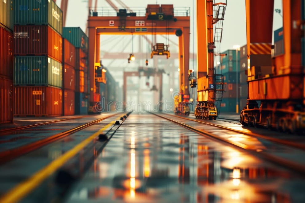 A Train Travels Along the Tracks, with a Loading Dock in the Background ...