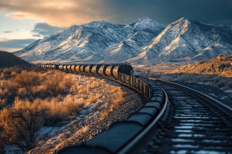A Train Travels Along the Tracks Next To a Mountain Stock Photo - Image ...