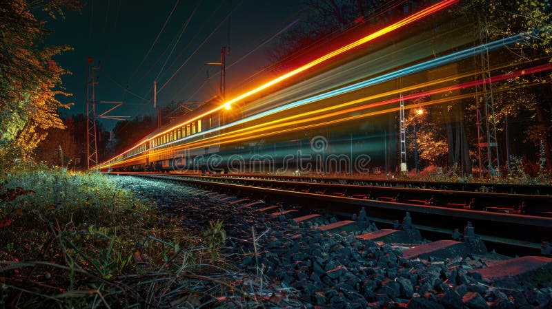 A Train Travels Down the Tracks Under the Stars Stock Image - Image of ...