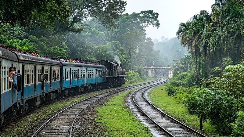 Crowded Train Going Though Indian Landscape Stock Illustration ...