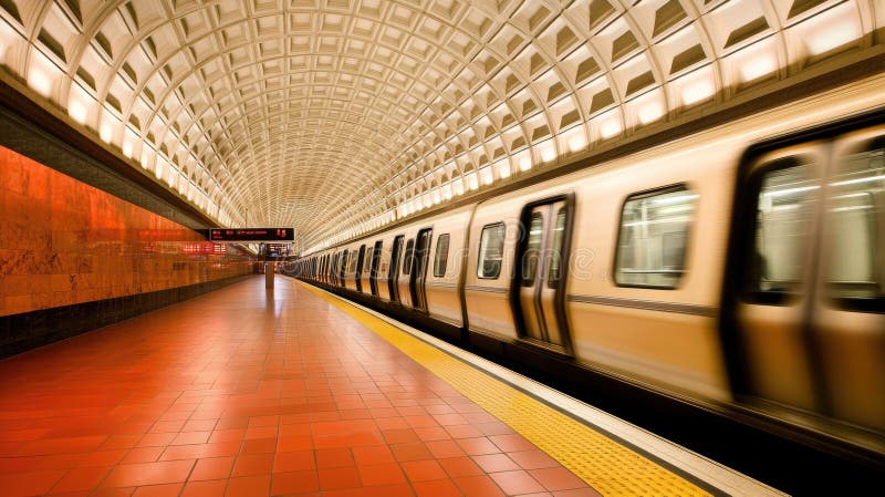 Train Travels through Subway Station Featuring a Striking Red Floor ...