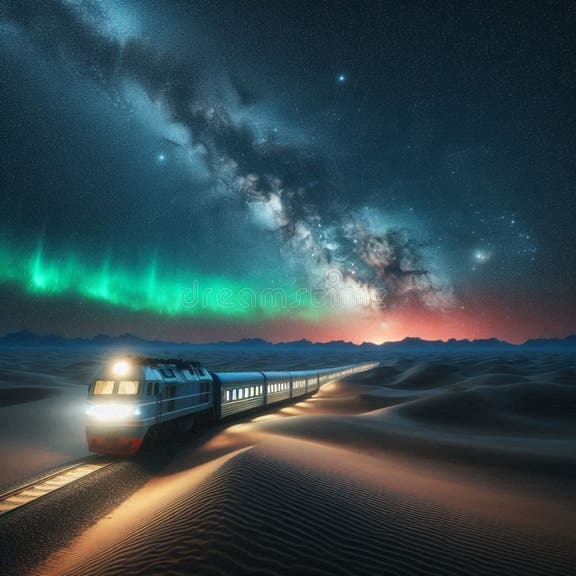 A Train Traversing a Desert Landscape Under a Starry Night Sky,with the ...