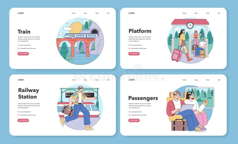 Train Trip Web Banner or Landing Page Set. Characters Traveling by ...