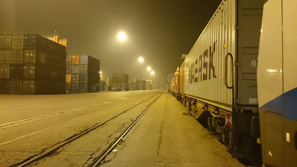 Train with Wagons in Port at Night Editorial Image - Image of long ...