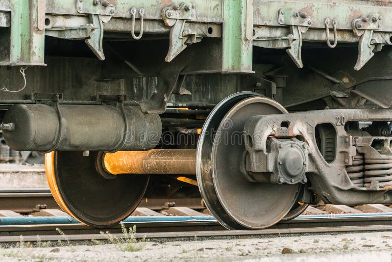 Train wheels on rails stock image. Image of railroadstation - 118417009
