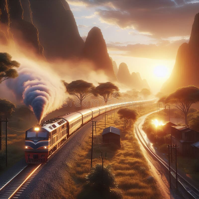 Train Winding through Dramatic Mountain Landscape at Sunset Stock Image ...