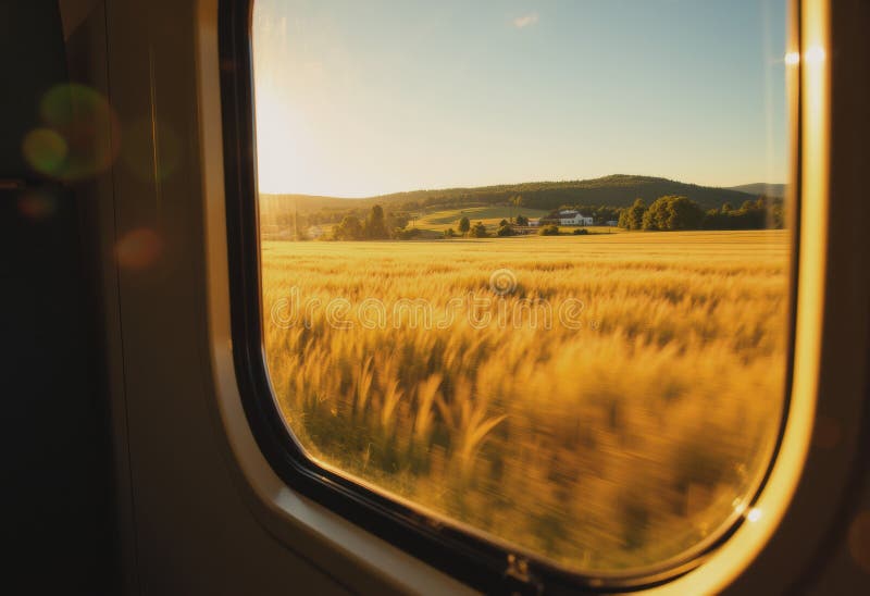 Train Window View of Blurred Golden Fields during Sunset Stock Photo ...