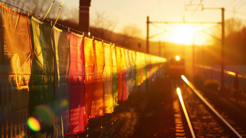 The Train Zooms by Causing a Line of Colorful Fabric Flags To Ripple ...