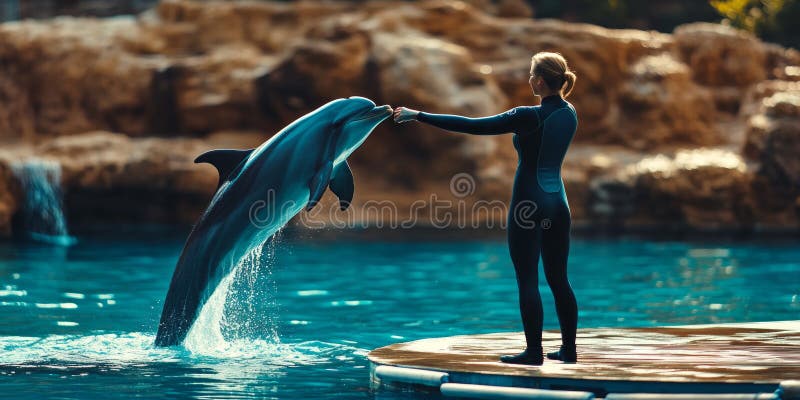 A Trained Dolphin Leaps Joyfully in the Water while a Trainer Supports ...