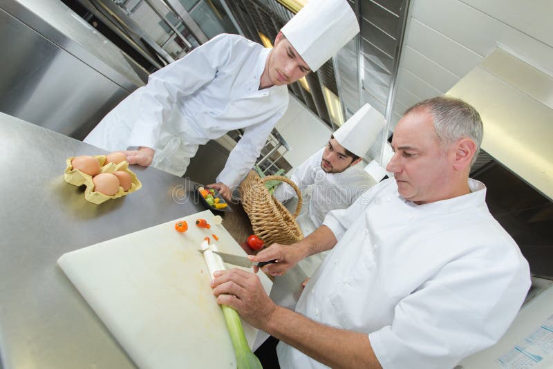 Trainee Chef Learning Chop Veggies Stock Photo - Image of head, forties ...
