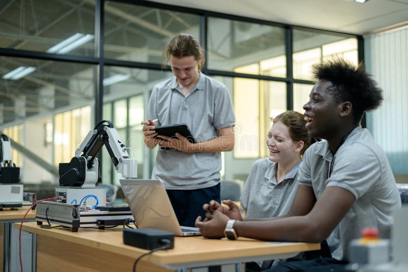 Trainee Robotics Engineer Learning with Programming and Manipulating Robot Hand, Industrial ...