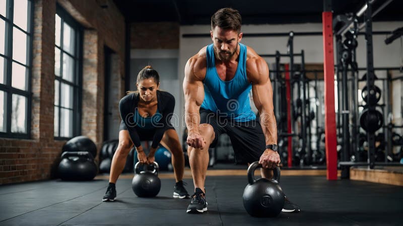 Trainer Demonstrating Kettle Bell Exercises on Mats in a Modern Gym ...