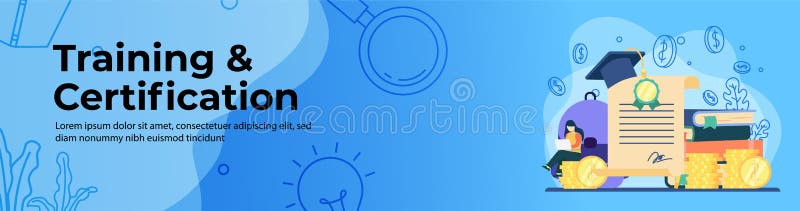 Training and Certification Web Banner Design.Woman Sit on Stack of Coin ...