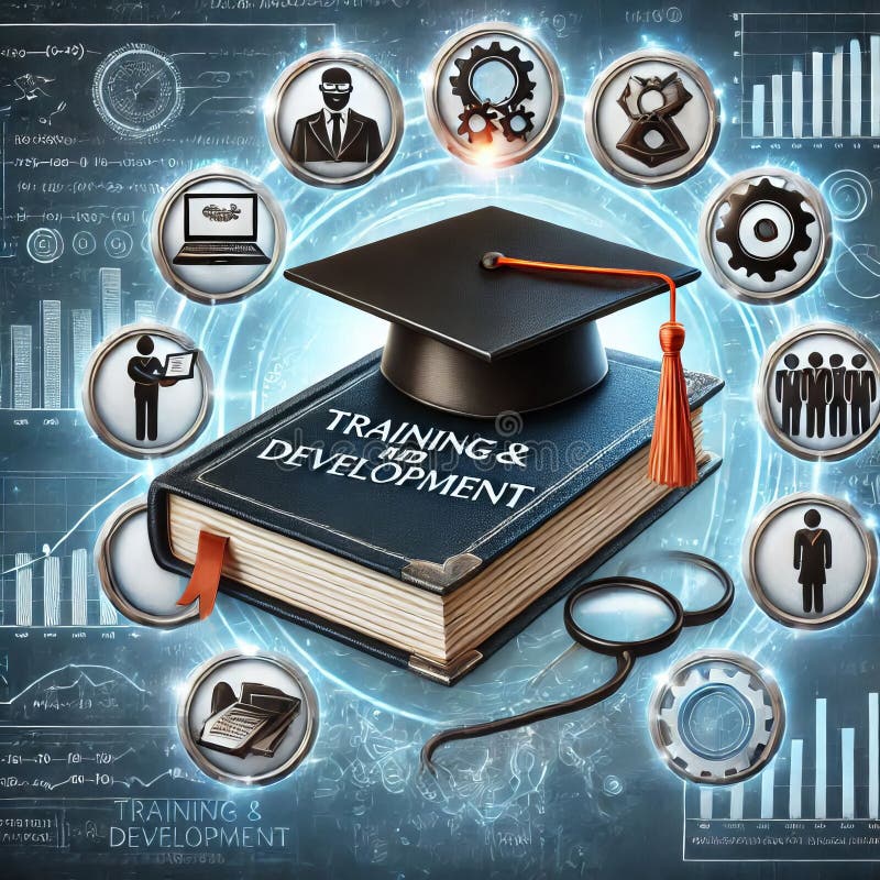 Training and Development with Book and Graduation Cap Icons Stock ...