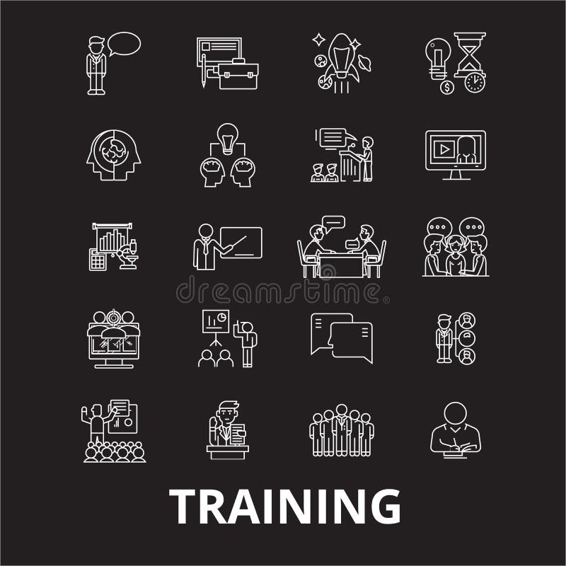 Training Editable Line Icons Vector Set on Black Background. Training ...