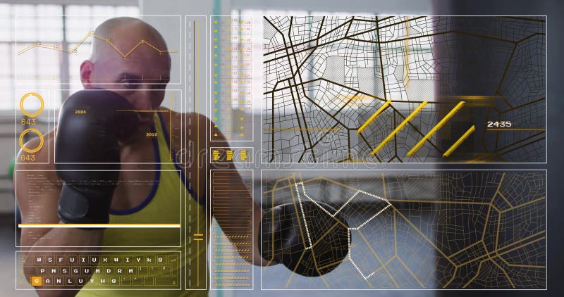 Training with Futuristic Data Overlay, Boxer Practicing in Modern Gym ...