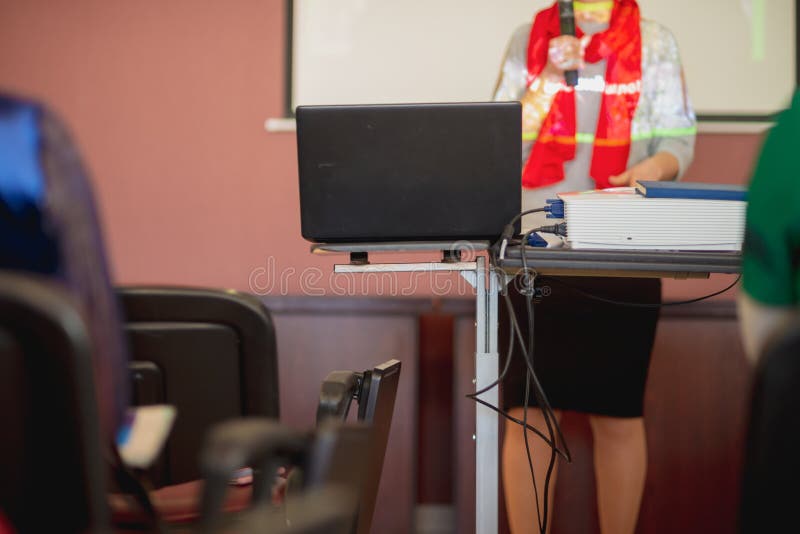 Training the Girl at the Presentation Near the Projector Screen Stock ...