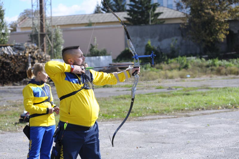 Training Man Archer Aiming Bow Archery Shooting Range Kyiv Ukraine ...