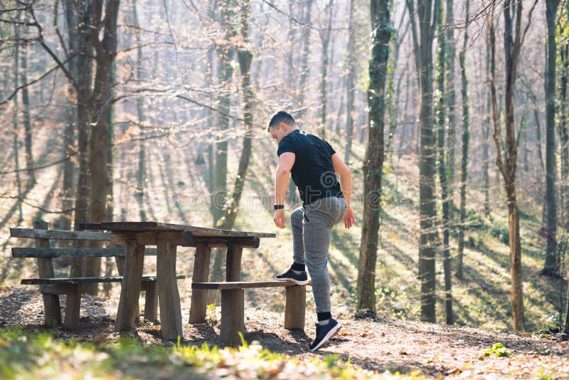 Training in Nature by the Bench Stock Photo - Image of caucasian ...