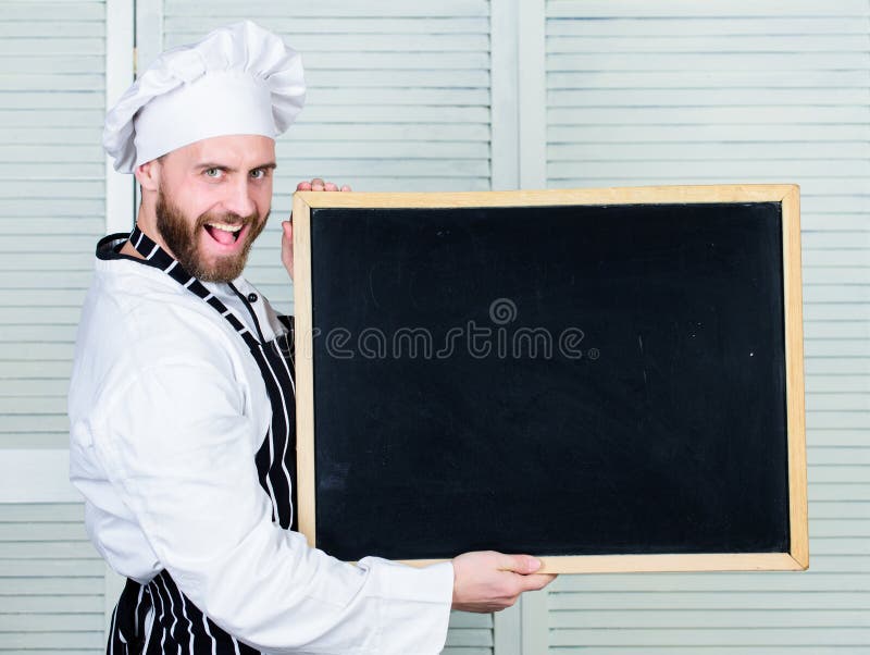 Training Professional Chefs. Man Holding Empty Blackboard. Master Cook ...