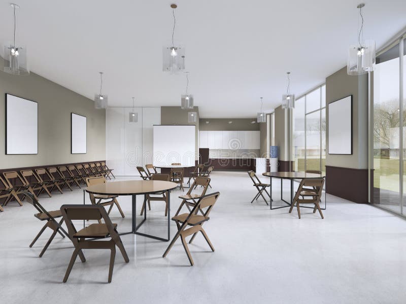 Training Room with Round Tables and Brown Furniture Stock Illustration ...