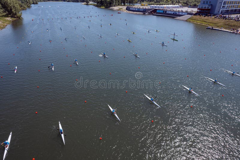 Training of Rowers on Kayaks and Canoes on Rowing Channel. Top View ...