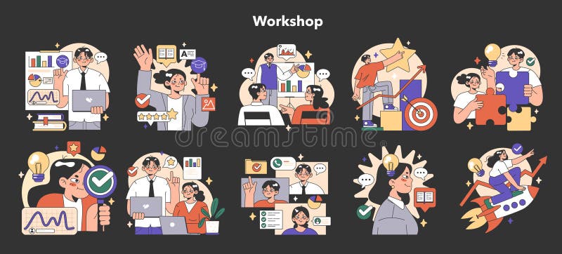 Training Workshop Night or Dark Mode Set. Interactive Training Process Stock Vector ...