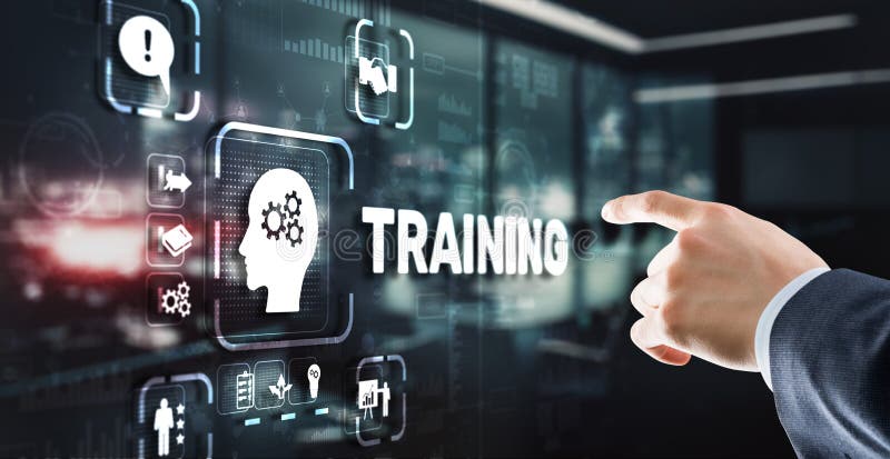 Trainning Concept. Businessman Pressing on Touch Screen Interface ...