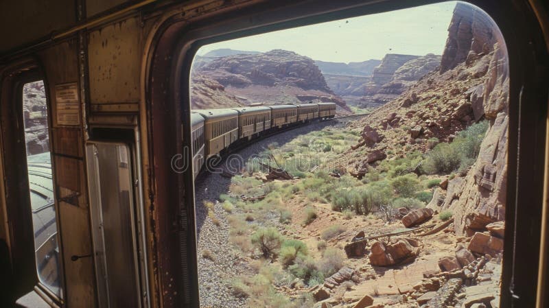The Trains Passing Leaves a Trail of Dust in the Canyon Below Stock ...