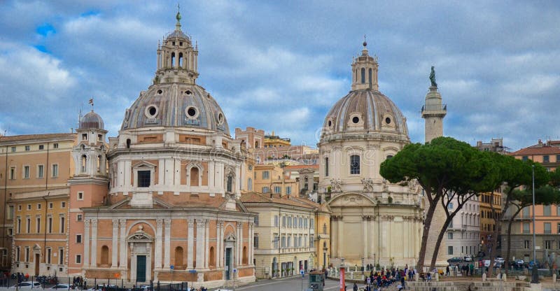 Trajan Column, Catholic Churches and Pine Trees at Piazza Venezia, Rome ...
