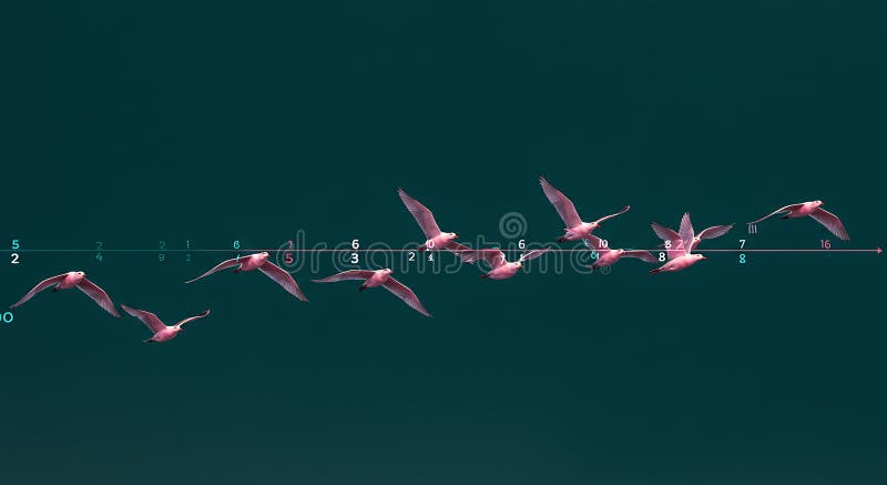 Trajectory of Pink Birds in Flight Against a Teal Background ...