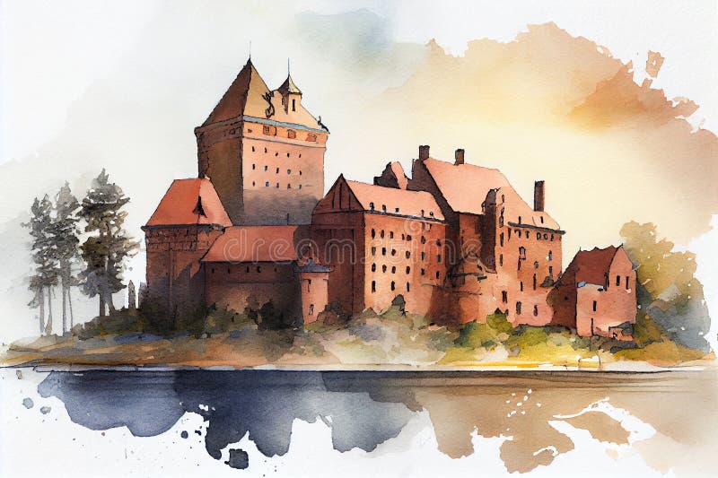 Trakai Castle Drawing with Bit of Watercolour Stock Illustration ...